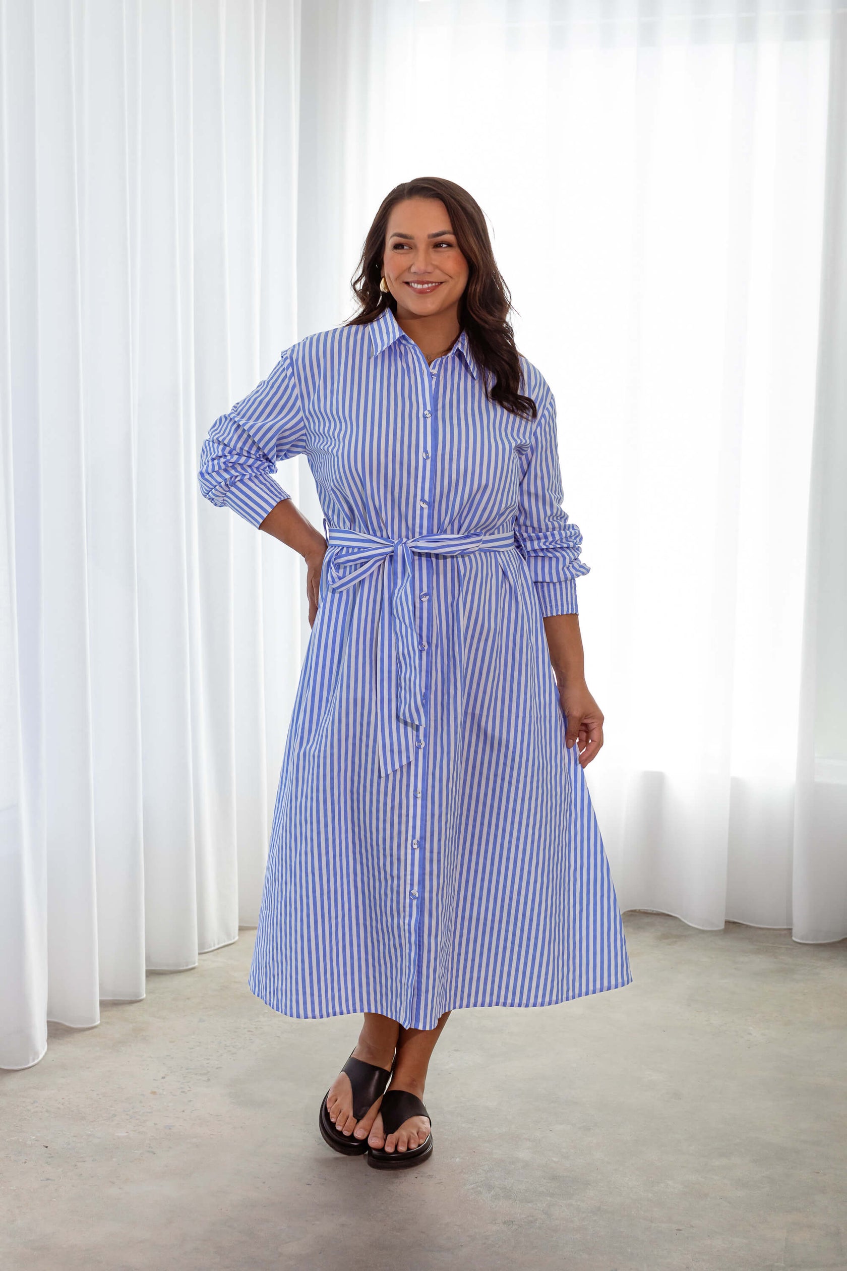 Andrea Cotton Shirt Dress in Blue & White Pinstripe | Dani Marie ...
